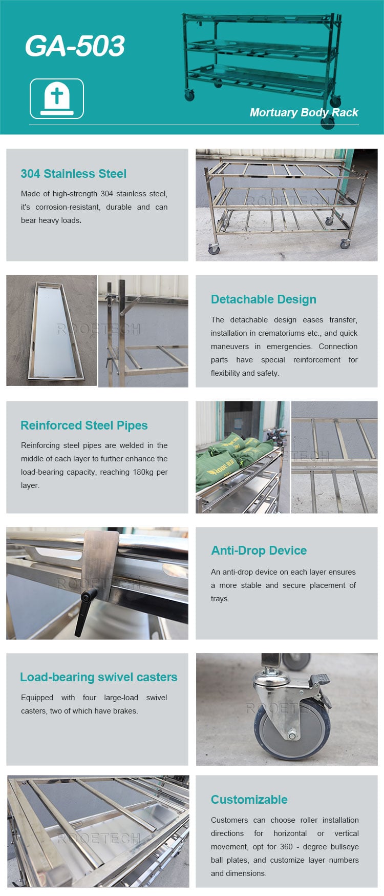 GA503 Dead Body Mortuary Storage Racks with Full Rollers Portable ...